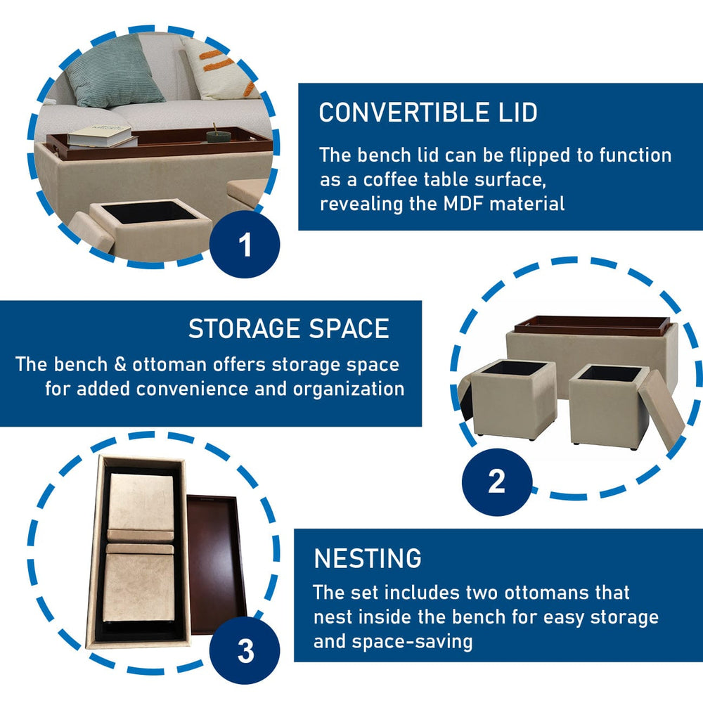 Nico Set of 3 Storage Bench with Ottoman