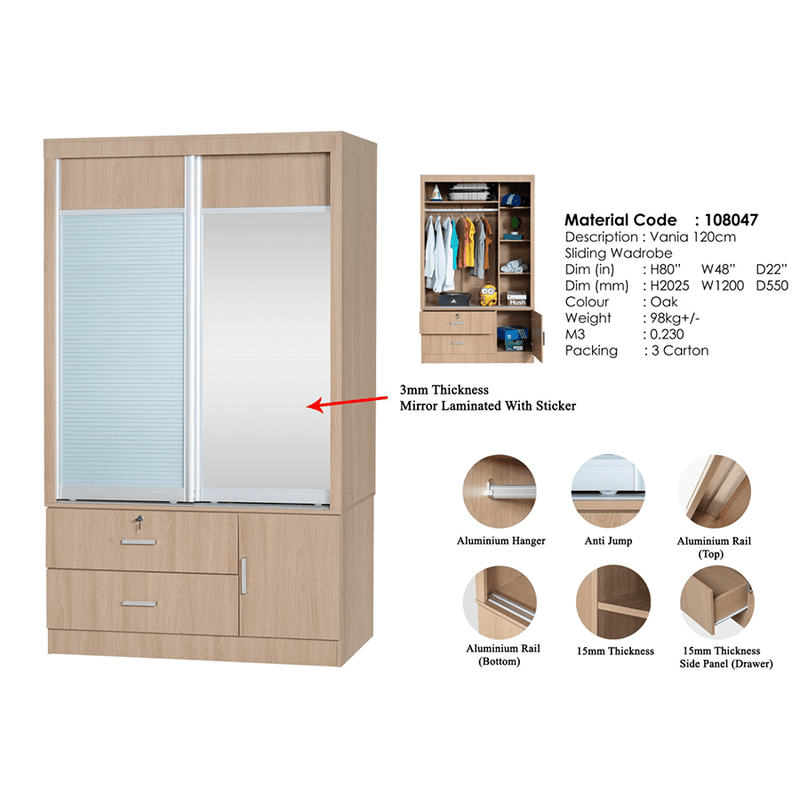 Vania 120 cm Sliding Wardrobe