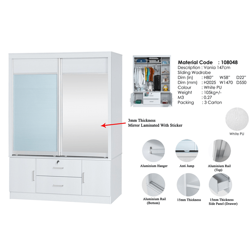 Vania 147 cm Sliding Wardrobe